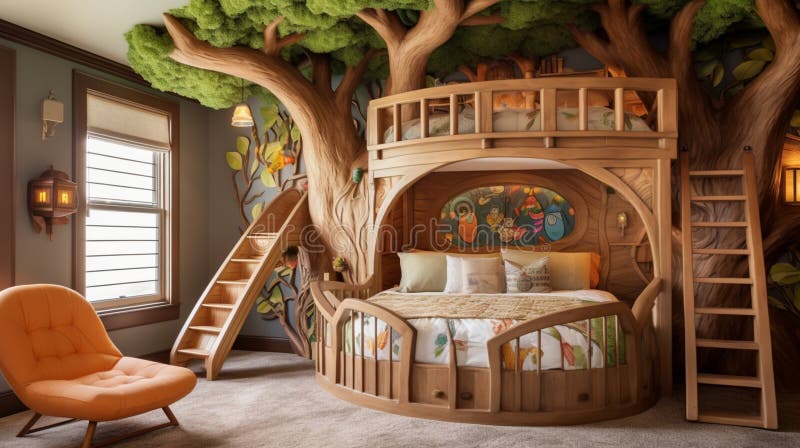 A Whimsical Children S Bedroom with a Treehouse Bunk Bed Stock ...