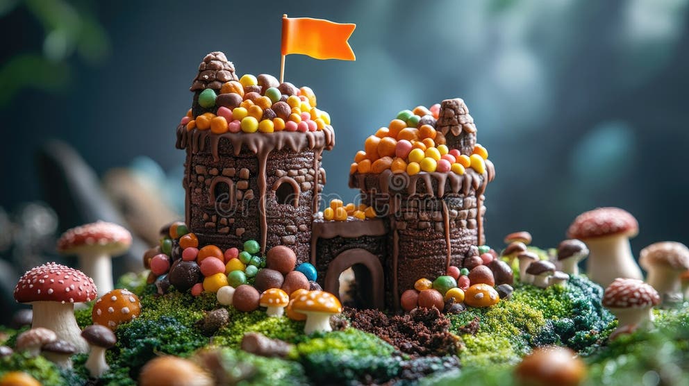 A Whimsical Chocolate Castle with Candy Decorations Stands Tall in a ...