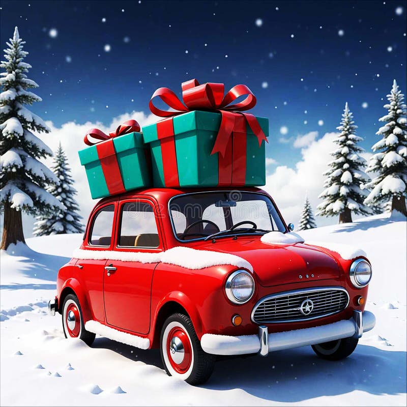 Whimsical Christmas Car with Giant Gift in the Snow. Ai Generated Stock ...