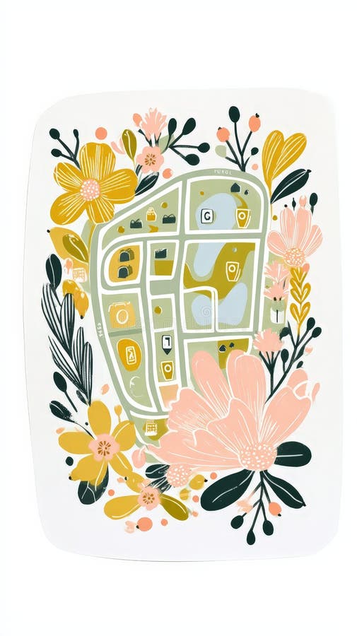 Whimsical City Map with Floral Border in Pastel Colors Stock Image ...