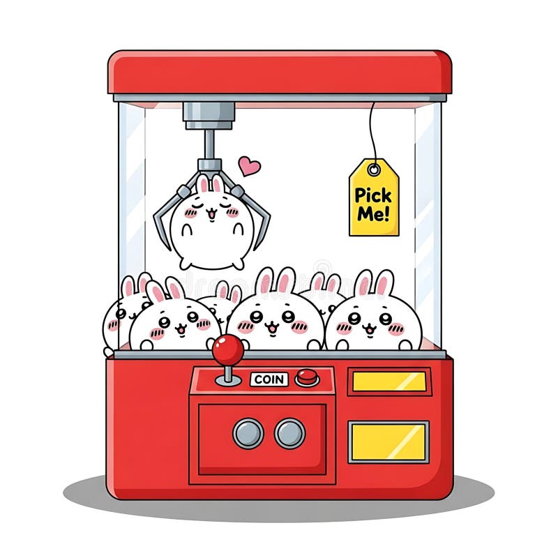 A Whimsical Claw Machine Game with Cute Bunny Plushies Inside, Drawn in ...