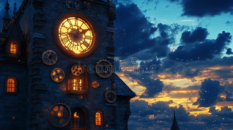 A Whimsical Clock Tower with Animated Gears and a Glowing Face Against ...