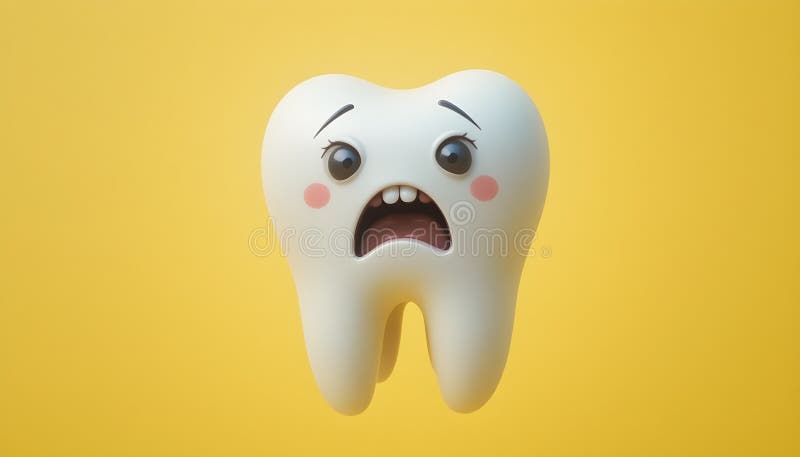 Whimsical Close-up of a Cartoon Tooth with a Sad Face on Yellow ...