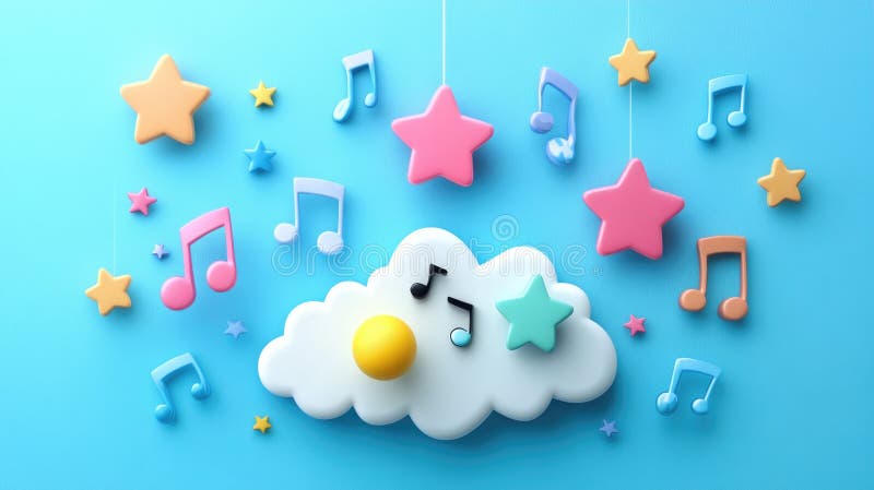 Whimsical Cloud with Musical Notes and Colorful Stars on Sky Blue ...