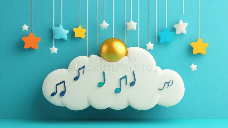 Whimsical Cloud with Musical Notes and Hanging Stars on Vibrant Blue ...