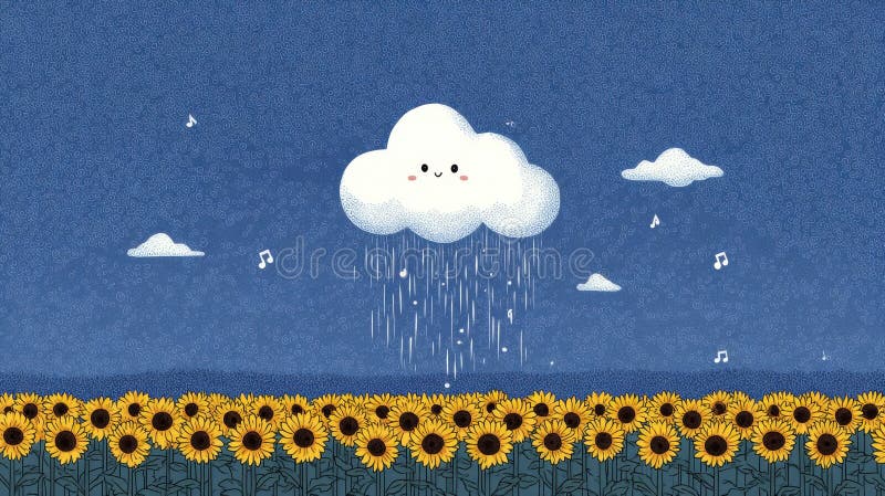 Whimsical Cloud Raining Over Sunflower Field with Musical Notes Stock ...