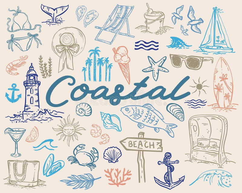 Whimsical Coastal Hand Drawn Vector Illustrations - Collection Stock ...