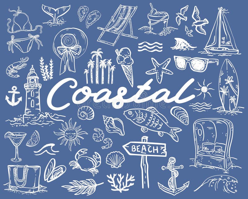 Whimsical Coastal Hand Drawn Vector Illustrations - Collection Stock ...