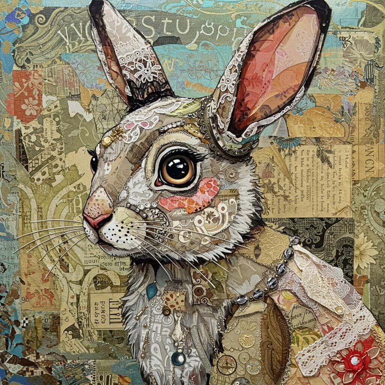 Whimsical Collage of a Rabbit, Featuring Intricate Details and Vibrant ...