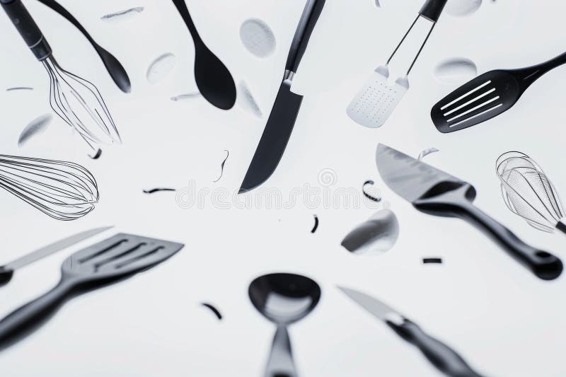 A Whimsical Collection of Black Kitchen Utensils Floating Above a Light ...