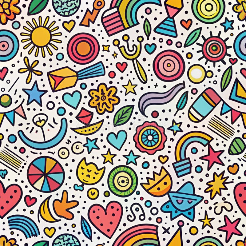 Whimsical, Colorful Doodle Pattern with Playful Elements Stock ...
