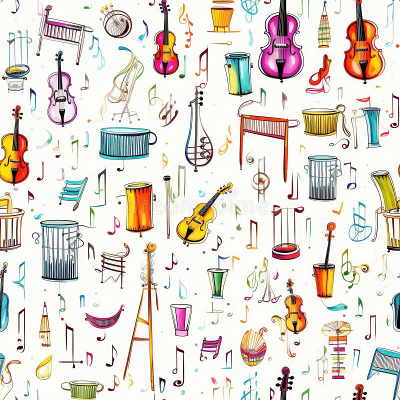 Whimsical Colorful Musical Instruments and Notes Illustration Style ...