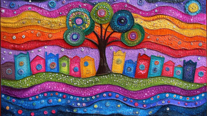 Whimsical Colorful Nighttime Cityscape with a Tree and Sparkling Hills ...