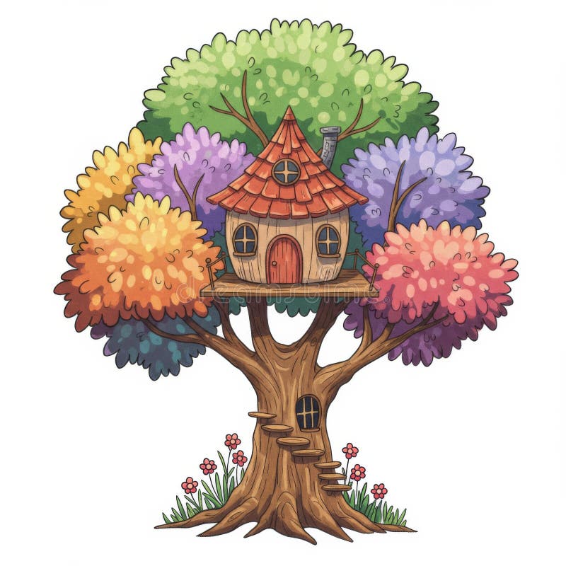 Whimsical Colorful Treehouse Illustration Stock Illustration ...