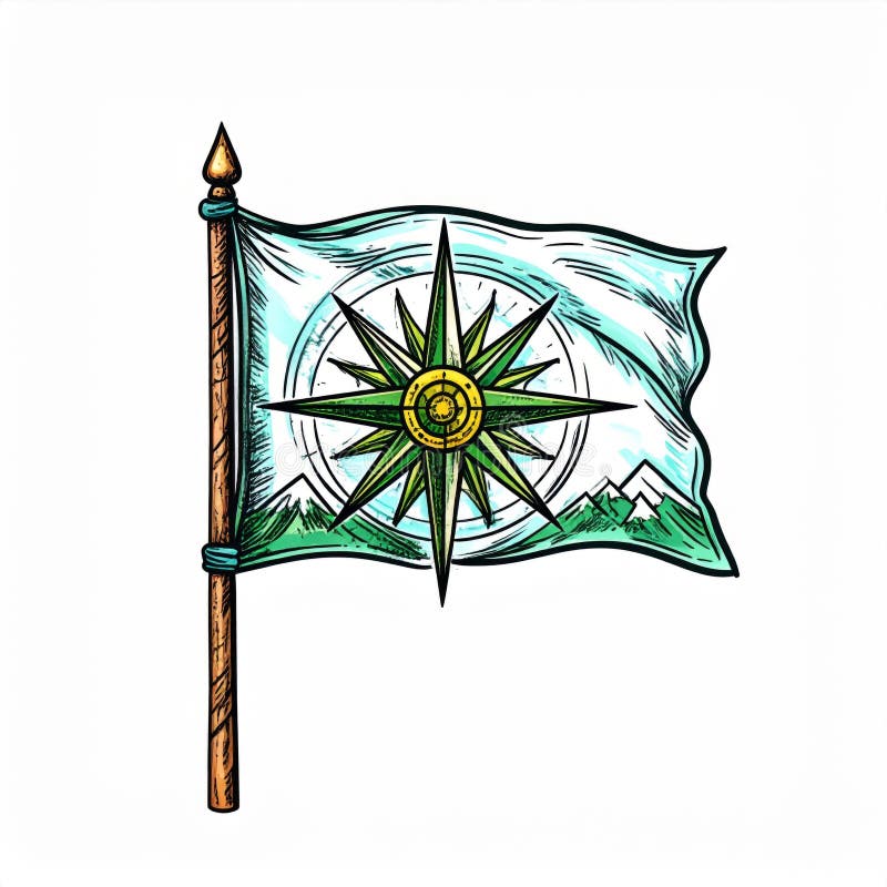 Whimsical Compass Flag Illustration with Mountains Stock Image ...