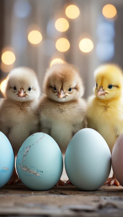 A Whimsical Composition Featuring Colorful Easter Eggs and Fluffy Chicks Arranged Artfully on a ...