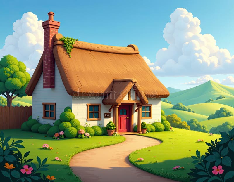 Whimsical Cottage in a Cartoon Landscape Stock Illustration ...