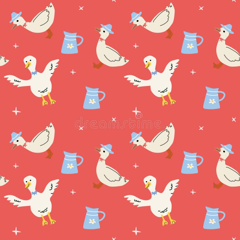 Whimsical Cottage Decor with Ducks and Jugs Pattern on Red Background ...