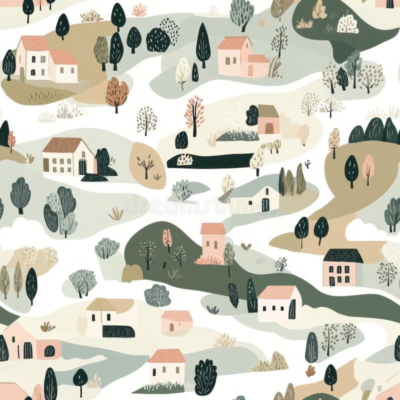 Whimsical Countryside Pattern Featuring Houses and Trees in Soft ...