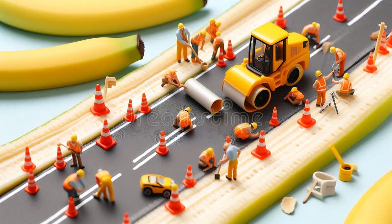 Miniature Construction Crew Working on a Banana Road Stock Illustration ...