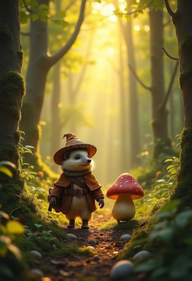 A Whimsical Creature Wearing a Wizard Hat Walks through a Sunlit Forest ...