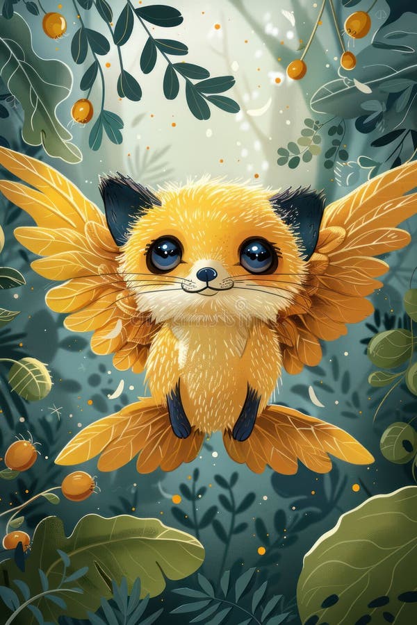 Adorable Flying Fox Kit with Golden Wings in Enchanted Forest Stock ...