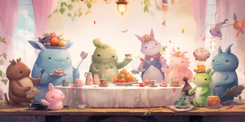 Whimsical Creatures& X27; Tea Party Gathering of Magical Creatures in a ...
