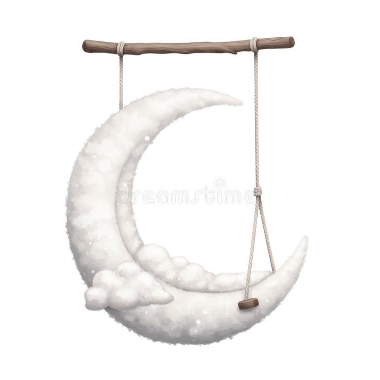 Whimsical Crescent Moon Swing with Clouds Stock Illustration ...