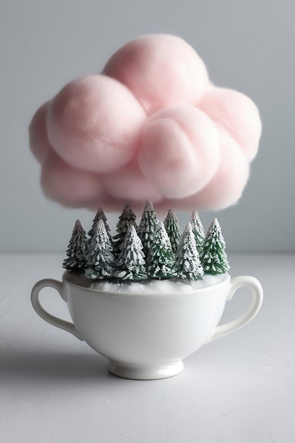 Whimsical Cup with Pink Cloud and Miniature Snowy Forest Scene Stock ...