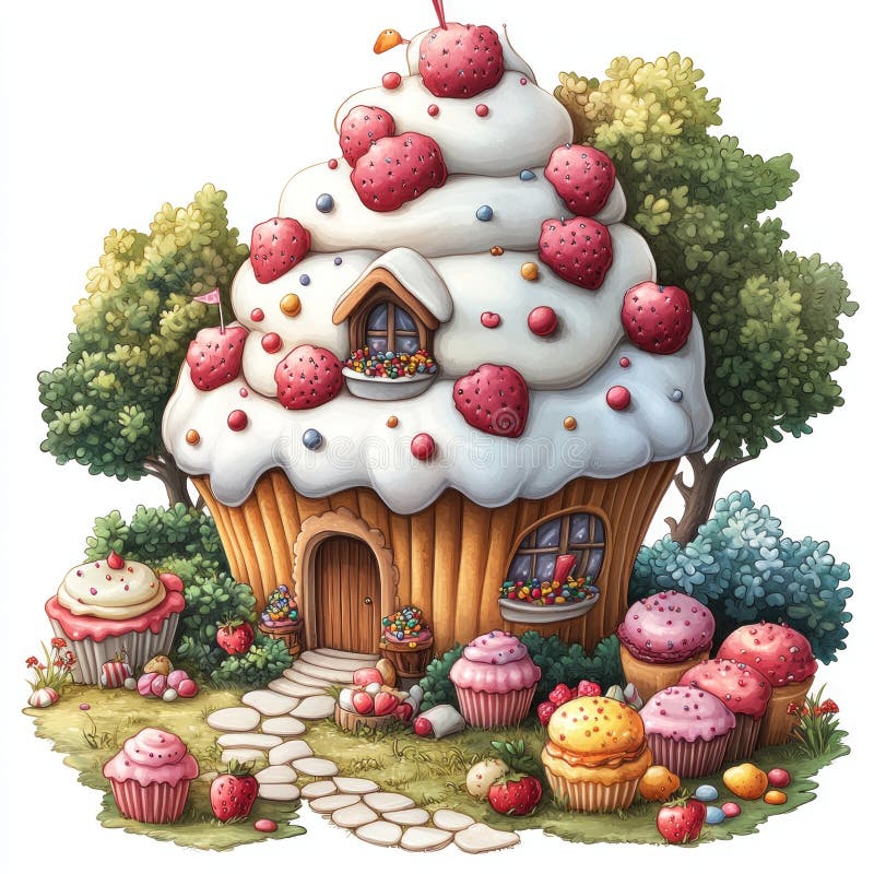 Whimsical Cupcake House Illustration Stock Illustration - Illustration ...