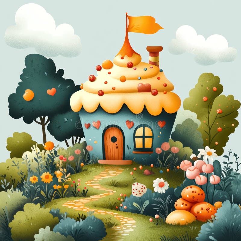 Whimsical Cupcake House Illustration in a Magical Garden Stock ...
