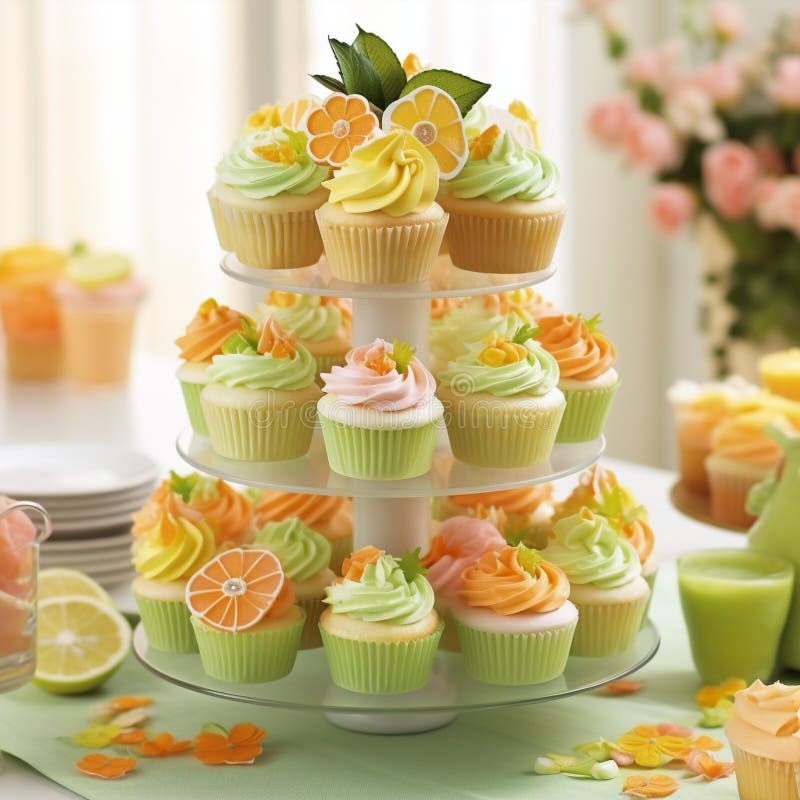 Whimsical Cupcake Tower with Citrus-Inspired Theme Stock Illustration ...