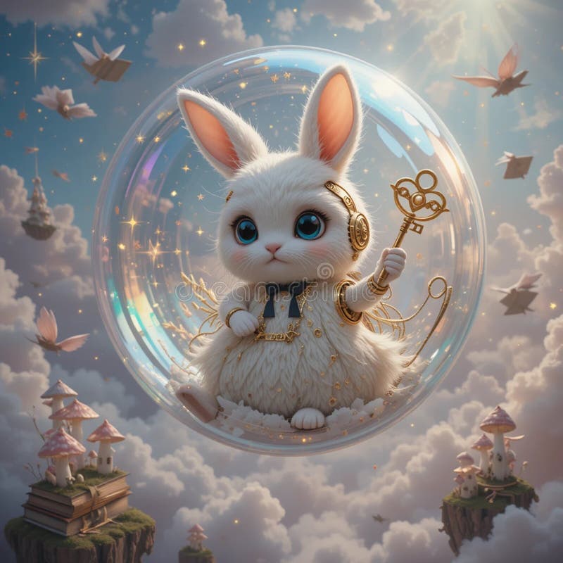 Whimsical Cute Rabbit Floating with Bubbles Stock Illustration ...