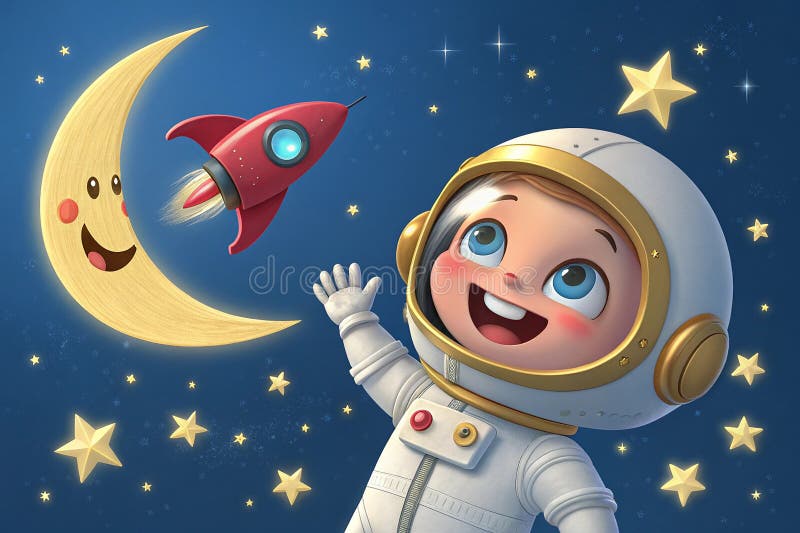 Whimsical 3D Astronaut Waving at a Smiling Crescent Moon Stock ...
