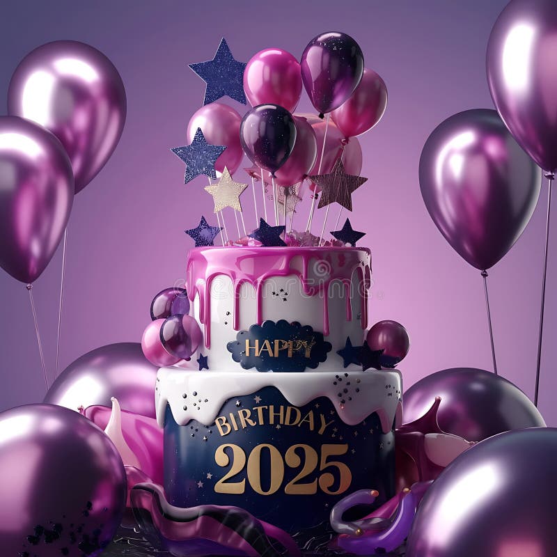 Whimsical 3D Birthday Cake Illustration with Happy Birthday and 2025 in ...