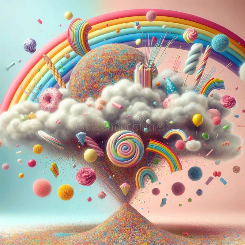 A Whimsical 3D Candy Explosion, with a Rainbow Bursting from a Cloud ...
