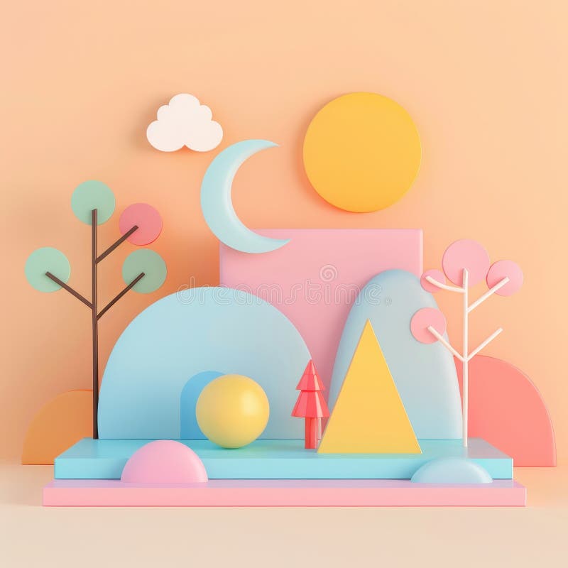 Whimsical 3D Fantasy Landscape with Pastel Trees and Hills Stock ...