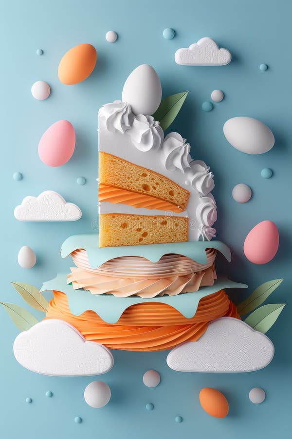 Whimsical Cake Art with Colorful Eggs and Clouds in a Surreal Sky ...