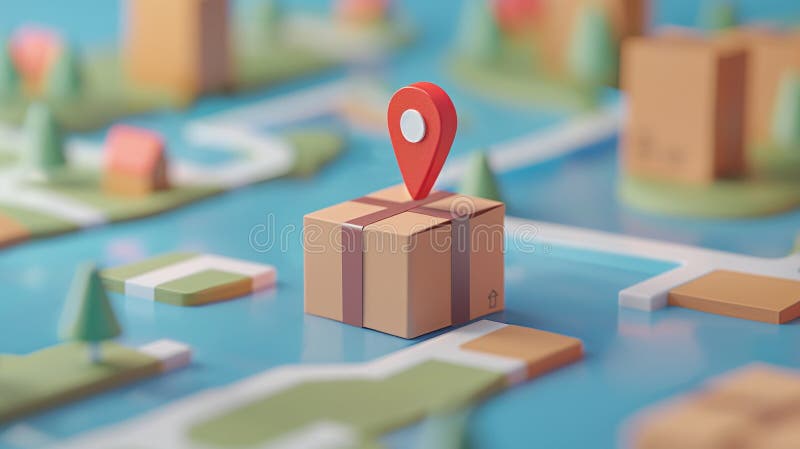 A Whimsical 3D Illustration of a Package Marked by a Red Location Pin ...