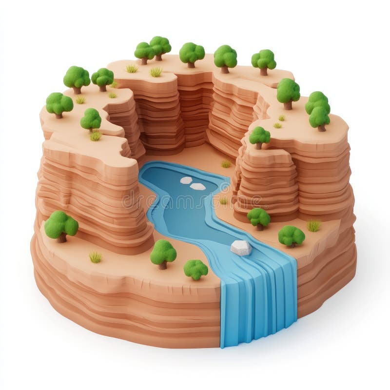 Low Poly Canyon Landscape with Waterfall and Trees Stock Illustration ...