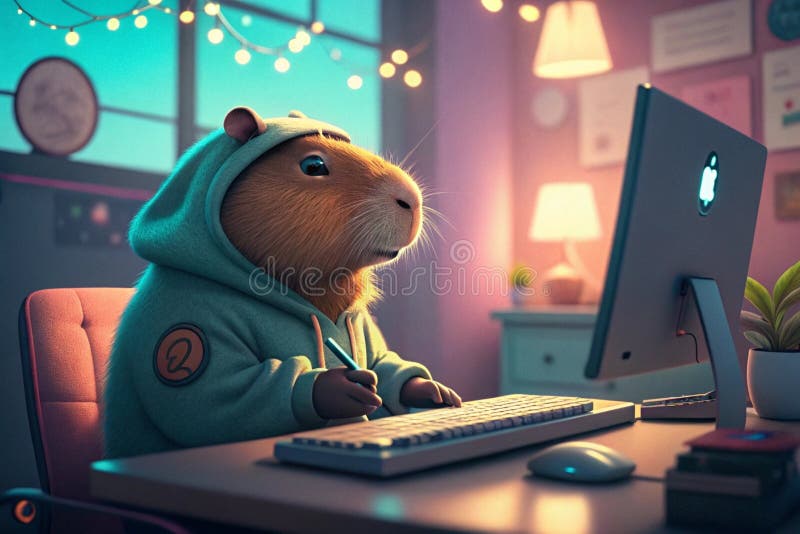 A Whimsical 3d Rendering of a Cute Capybara in a Hoodie Typing Away at ...