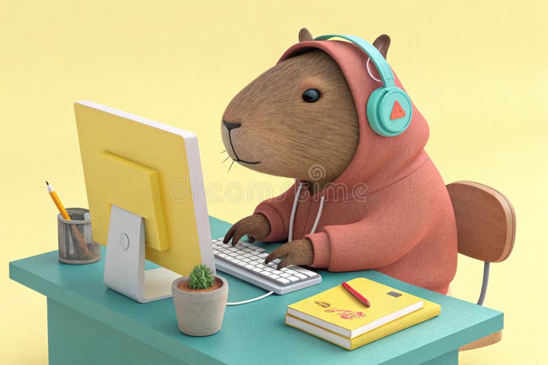 A Whimsical 3d Rendering of a Cute Capybara in a Hoodie Typing Away at ...