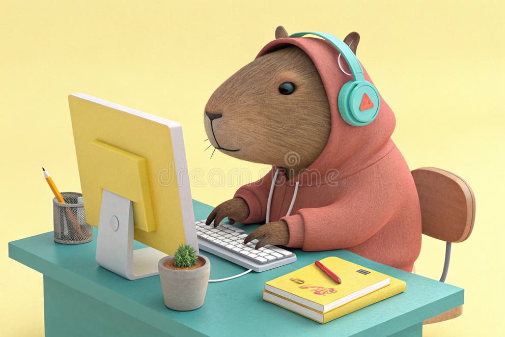 A Whimsical 3d Rendering of a Cute Capybara in a Hoodie Typing Away at ...