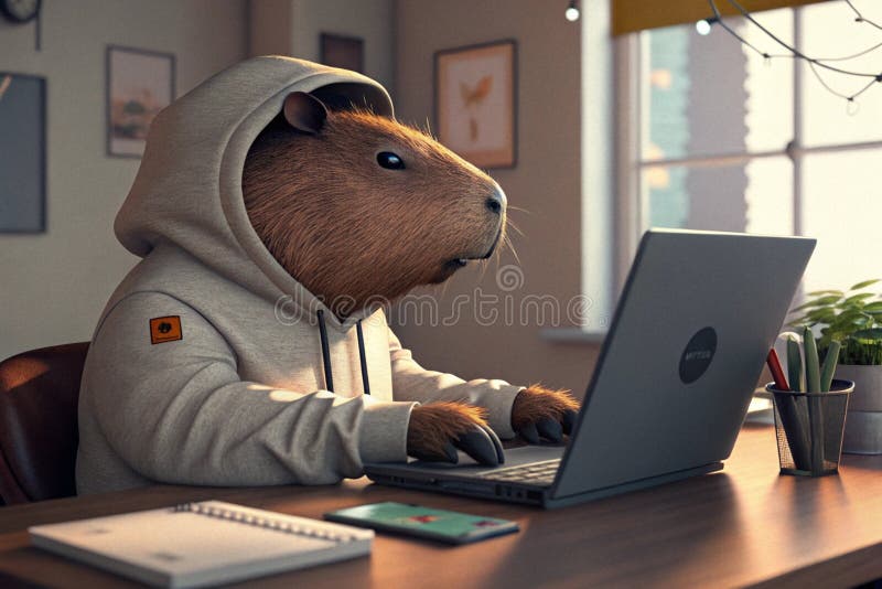 A Whimsical 3d Rendering of a Cute Capybara in a Hoodie Typing Away at ...