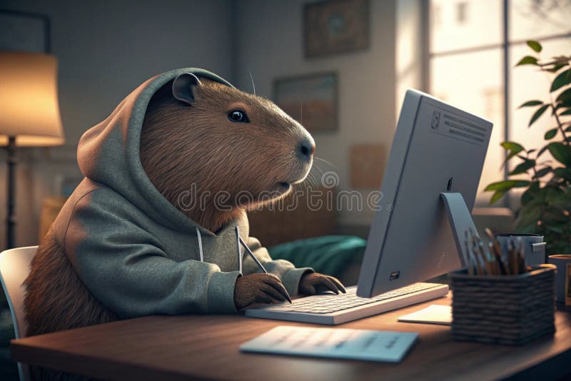 A Whimsical 3d Rendering of a Cute Capybara in a Hoodie Typing Away at ...