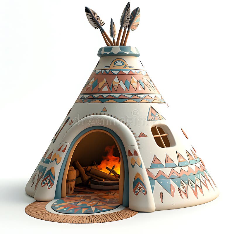 A Whimsical 3D Rendering of a Native American Teepee with Vibrant Geometric Patterns a Cozy ...