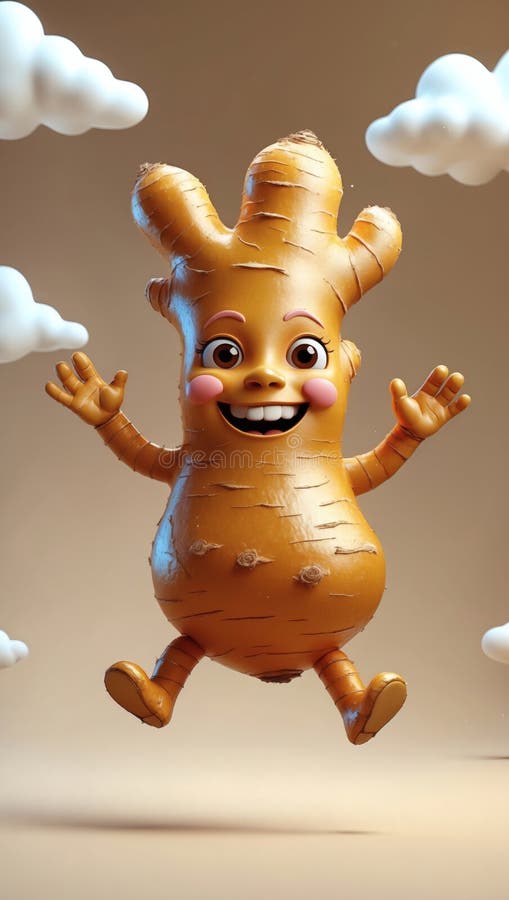 Animated Ginger Root Character Joyfully Leaps Amidst Fluffy Clouds ...