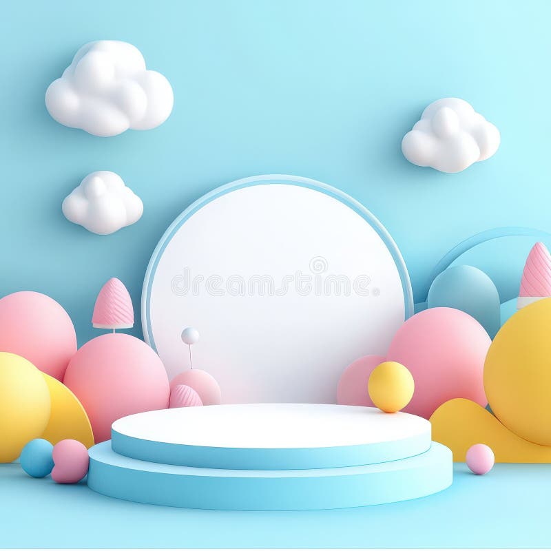 Pastel Blue Background with White Platform and 3D Elements. Stock ...
