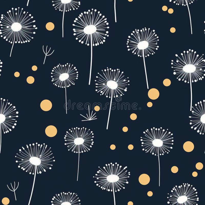 Whimsical Dandelion Vector Pattern on Navy Blue Background Stock Illustration - Illustration of ...