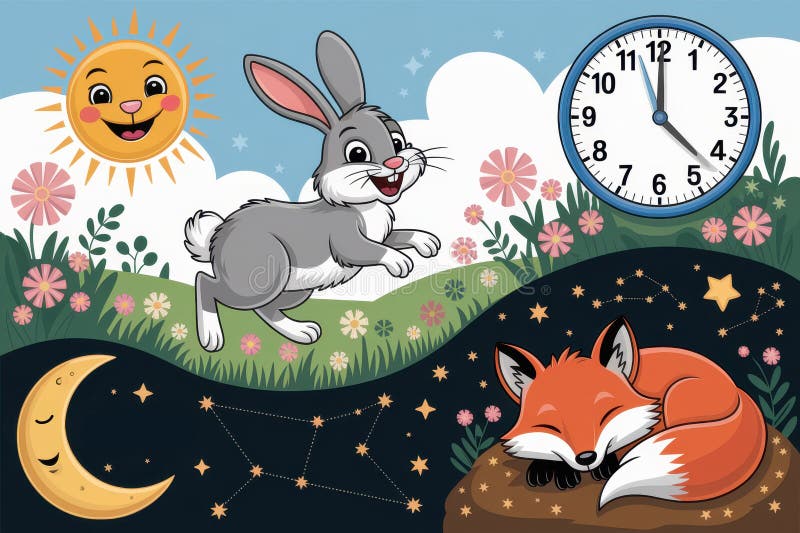 Whimsical Day and Night Scene with Playful Rabbit and Sleeping Fox ...